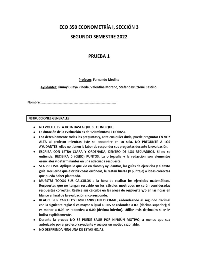 Prueba 1 Econometría Pauta 2022 - 02 | PDF | Mínimos cuadrados ordinarios | Teoría estadística