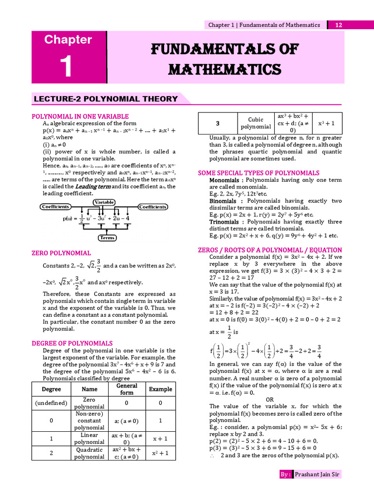 Fundamentals of Mathematics: Lecture-2 Polynomial Theory | PDF | Polynomial | Mathematical Objects