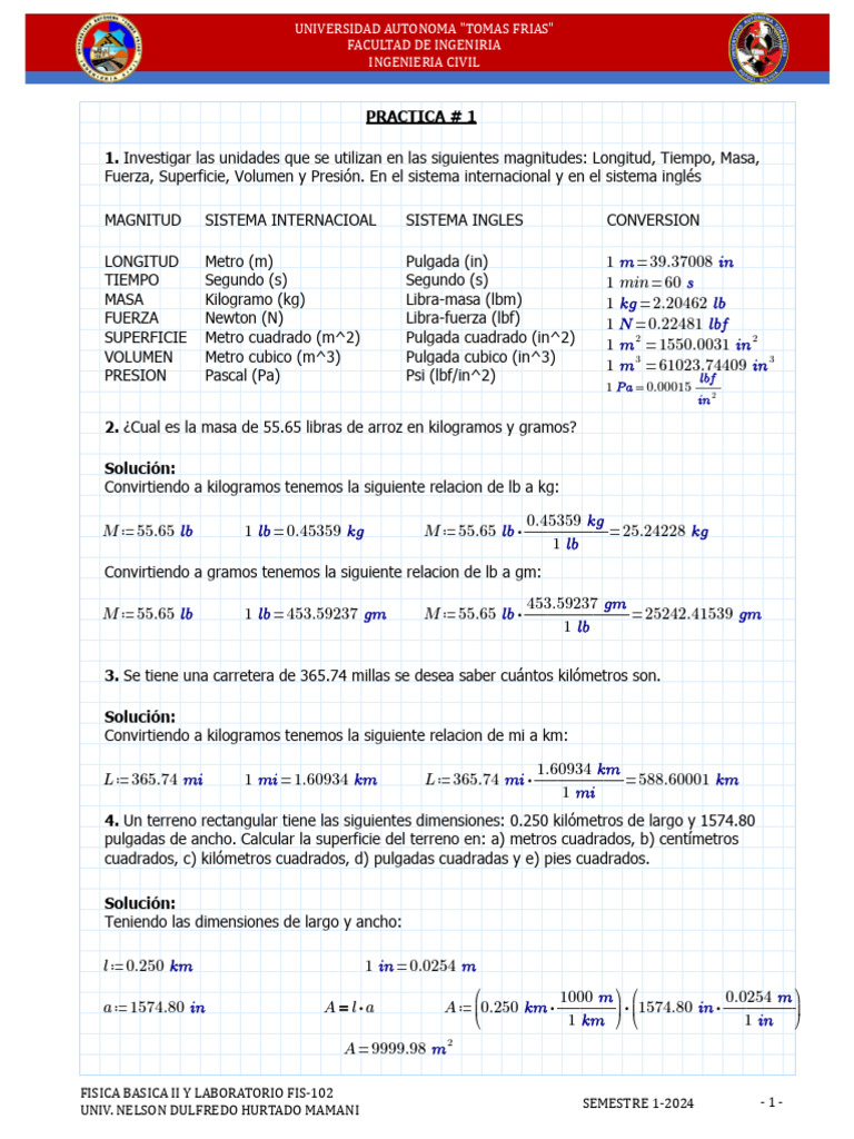 Solucionario Practica #1 | PDF | Kilogramo | Pascal (Unidad)