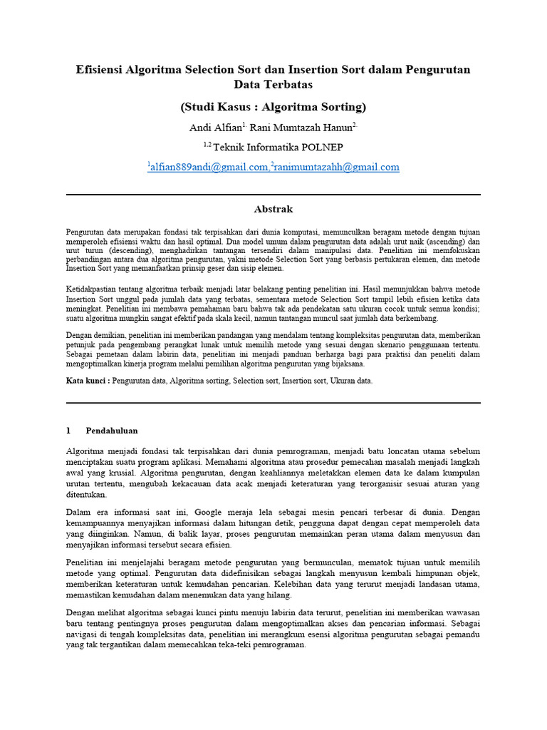 Efisiensi Algoritma Selection Sort Dan Insertion Sort Dalam Pengurutan Data Terbatas Pdf 9806