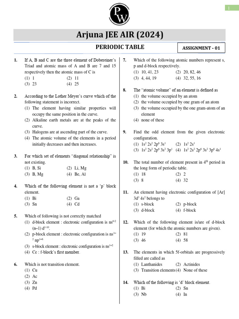 JEE Periodic Table Quiz | PDF | Periodic Table | Transition Metals