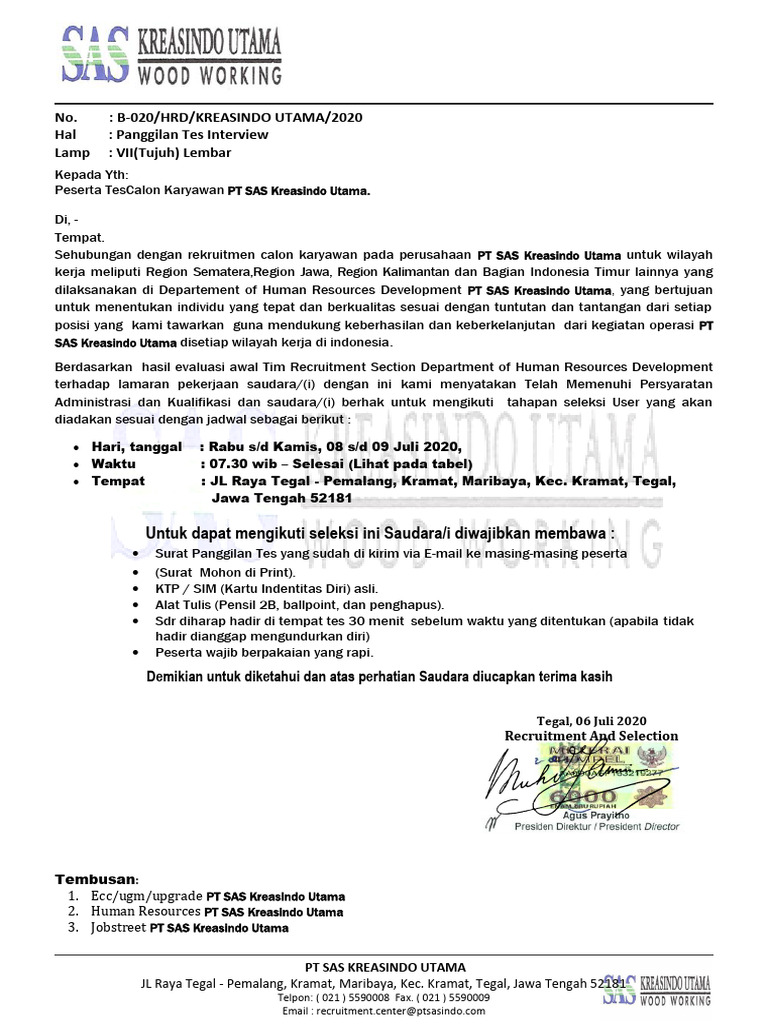 Lampiran Undangan Interview PT SAS Kreasindo Utama | PDF