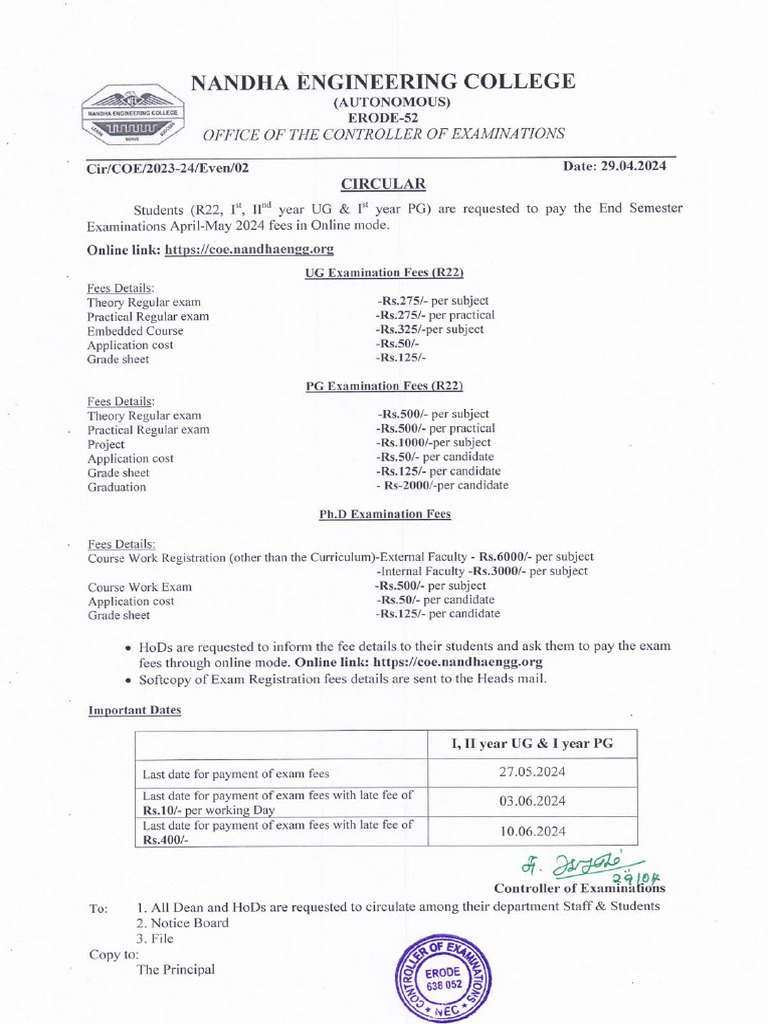 Fees Circular (UG-I & II Year, PG-I Year) | PDF