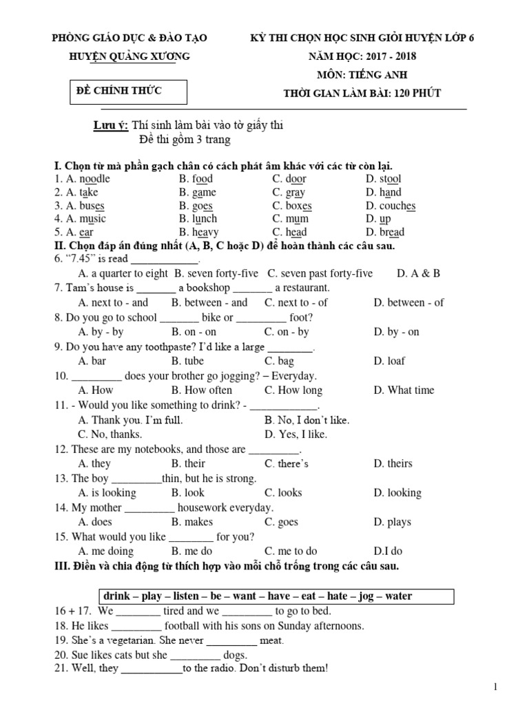 (Dethihsg247.Com) de Thi Hoc Sinh Gioi Mon Tieng Anh 6 Nam 2017 2018 Co Dap An Phong GD DT Huyen ...