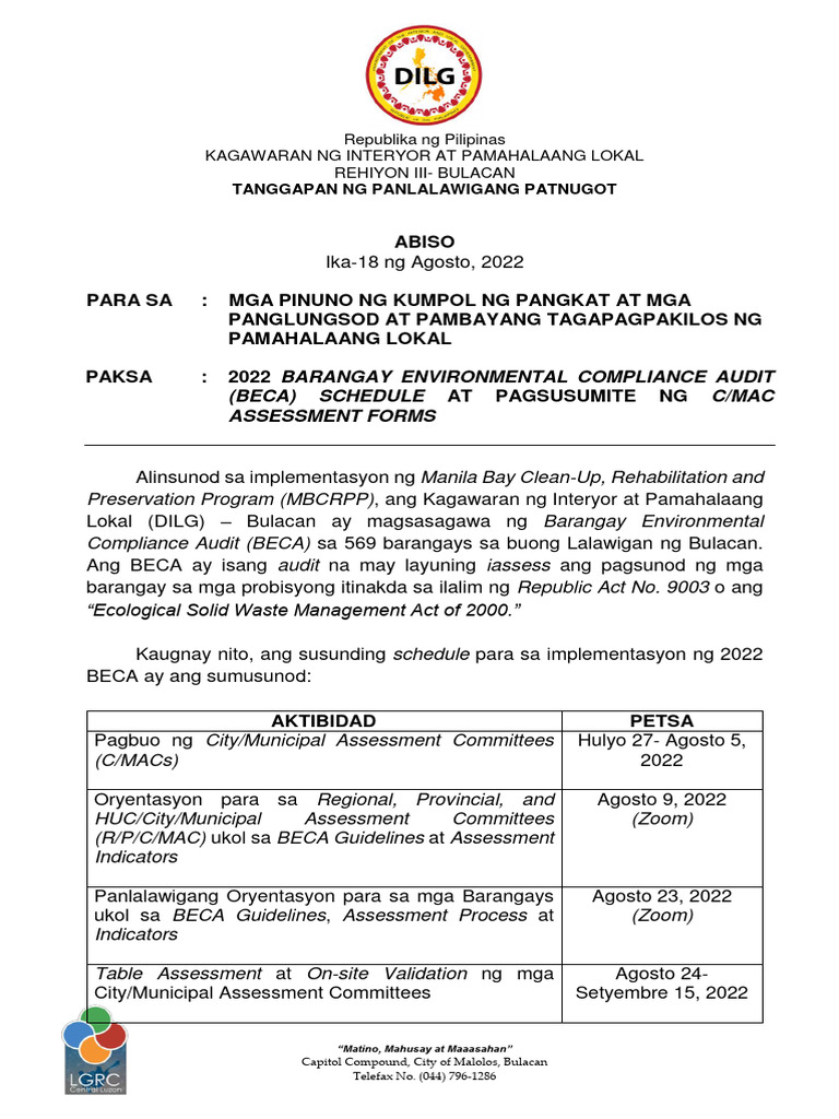 Abiso Re 2022 BECA Schedule and Submission of Forms | PDF