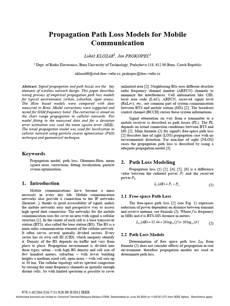 Propagation Path Loss Models For Mobile Communication Pdf Radio