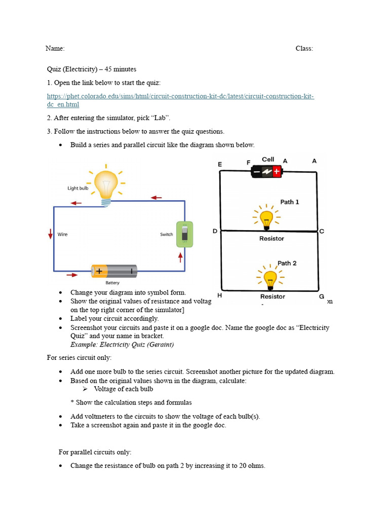 Quiz (Electricity Simulator 0 Calculation) | PDF
