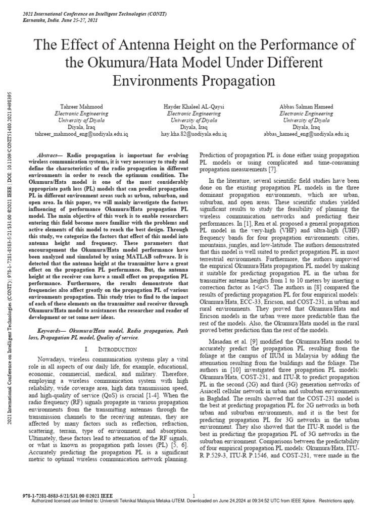 The Effect of Antenna Height On The Performance of The Okumura - Hata Model Under Different ...