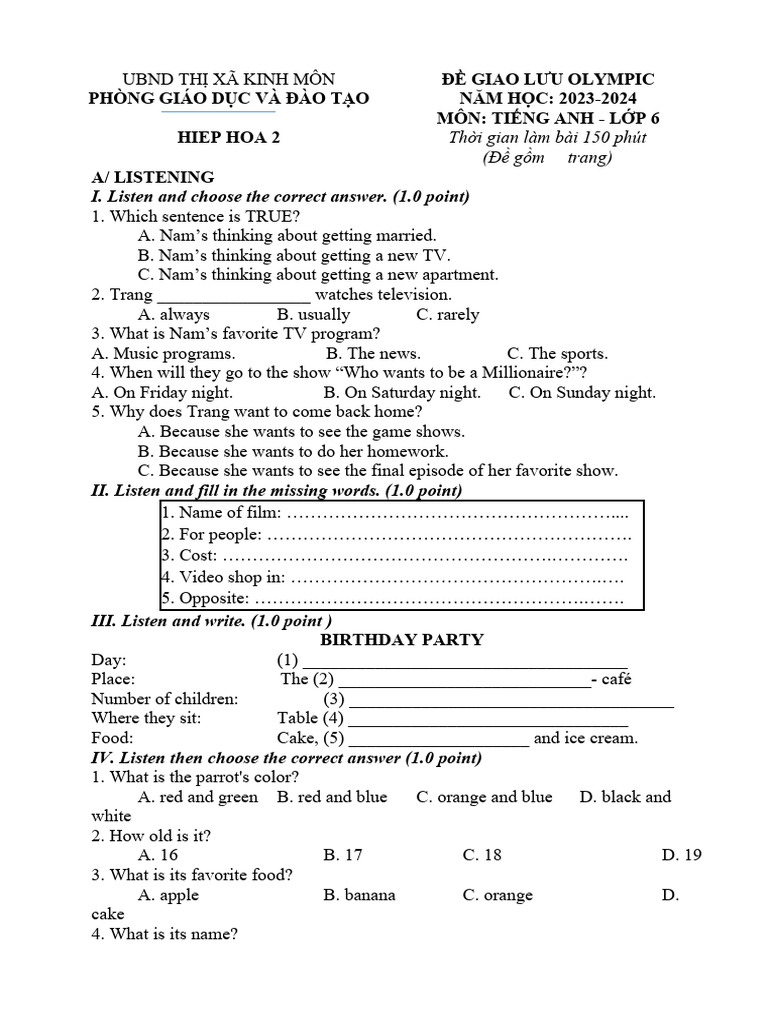 ĐỀ GT 2 OLYMPIC T.ANH 6 K DAP AN | PDF | Basket Weaving | Recycling