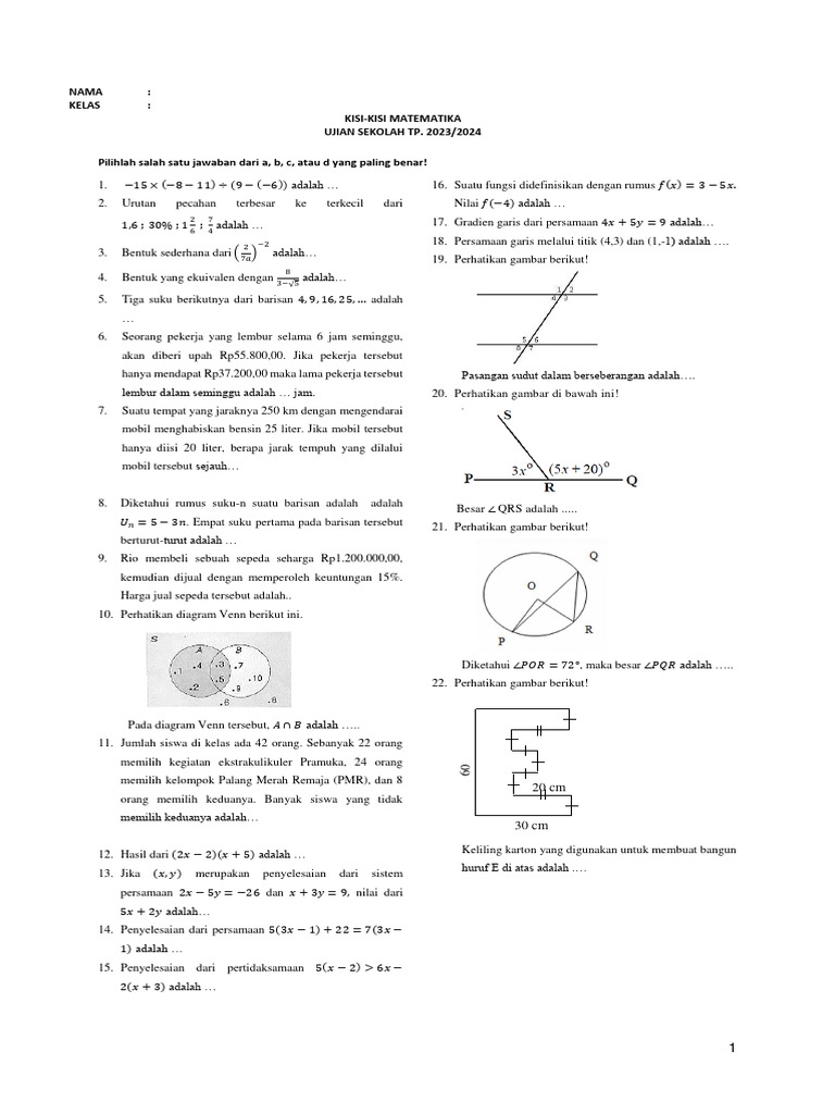 Soal Kisi-Kisi Us Matematika Kelas Ix 23-24 | PDF