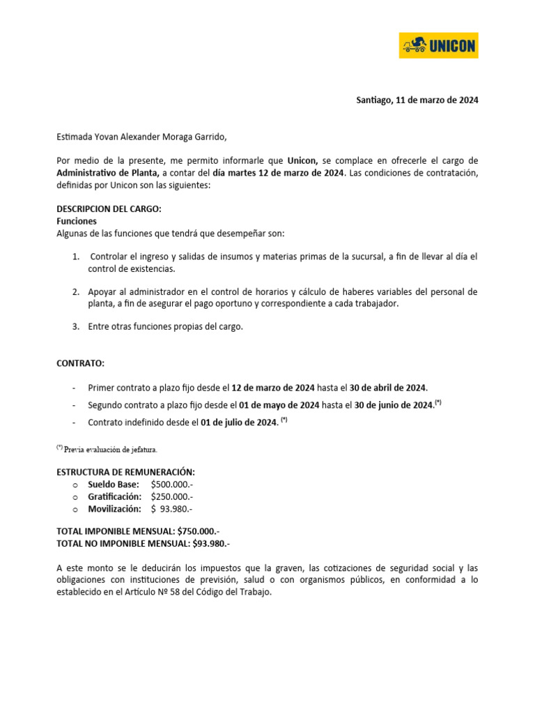 Carta Oferta Administrativo Talca - Yovan Moraga | PDF