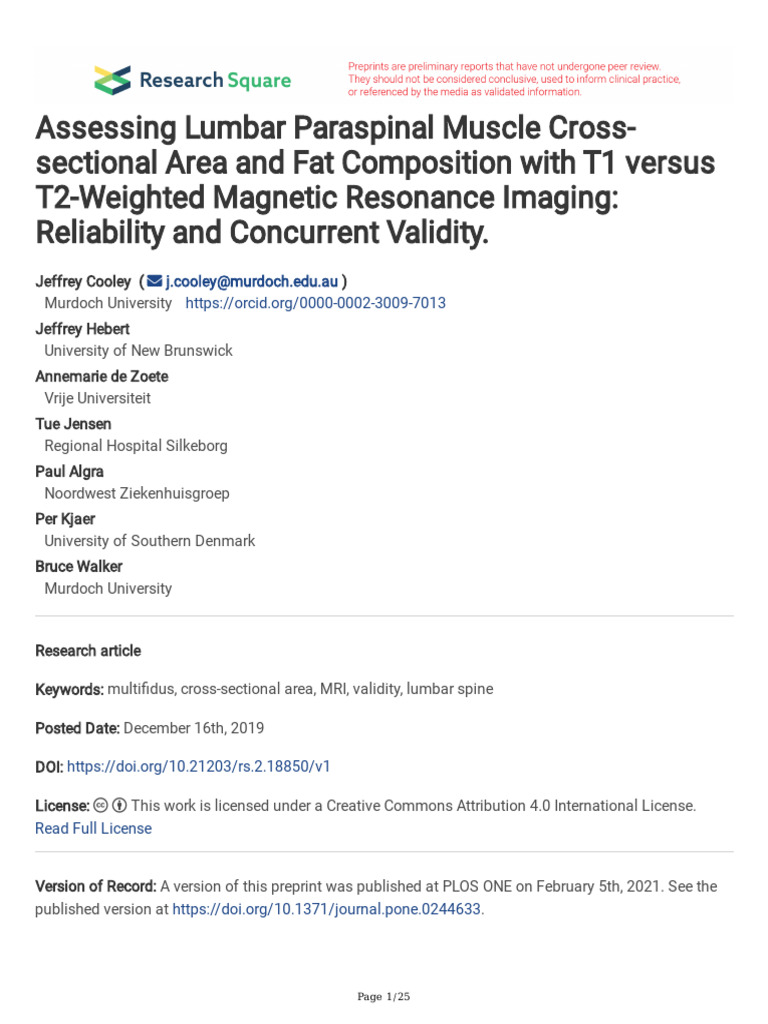 Assessing Lumbar Paraspinal Muscle Cross-Sectional | PDF | Magnetic ...