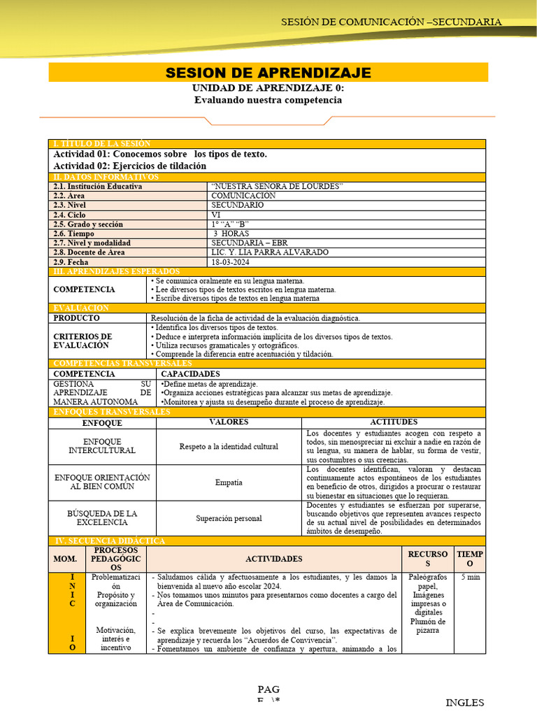 1° Sesion Actv o - Comunicación 2024 | PDF | Evaluación | Aprendizaje