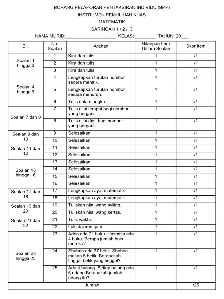 Borang Pelaporan Pentaksiran Individu Mate | PDF
