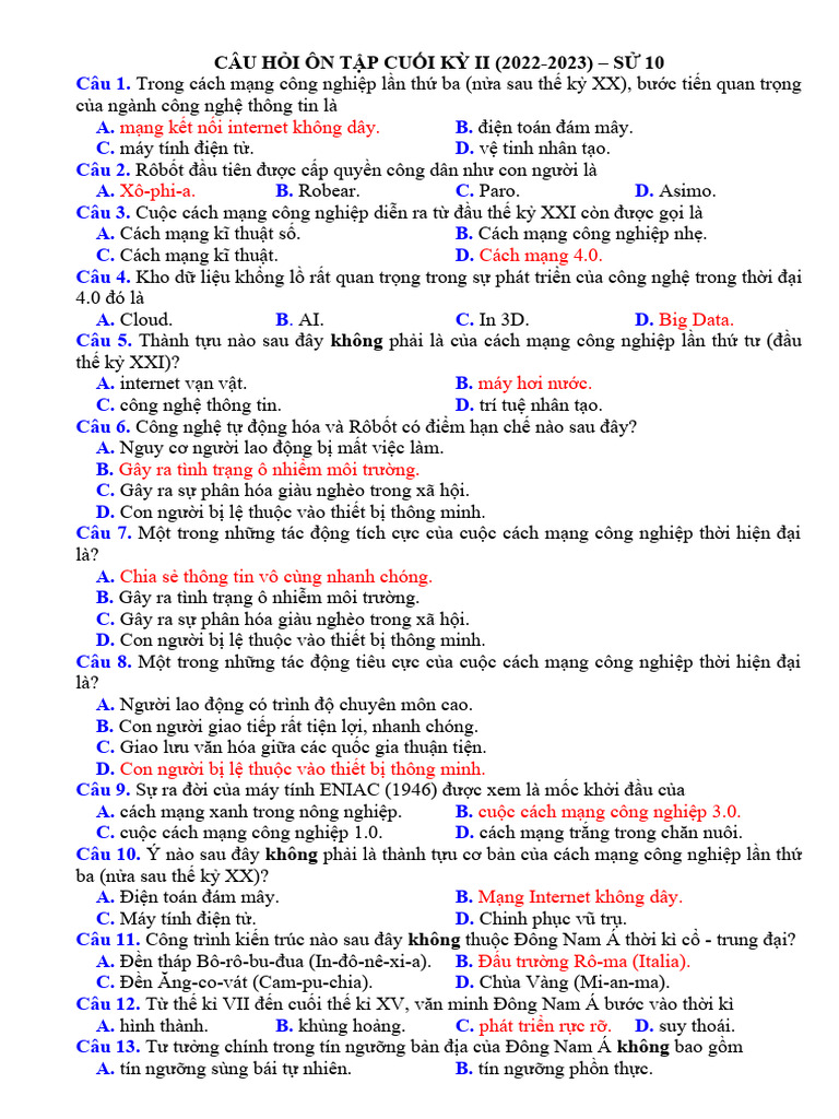 Câu Hỏi Ôn Tập CK2 - Su 10 | PDF