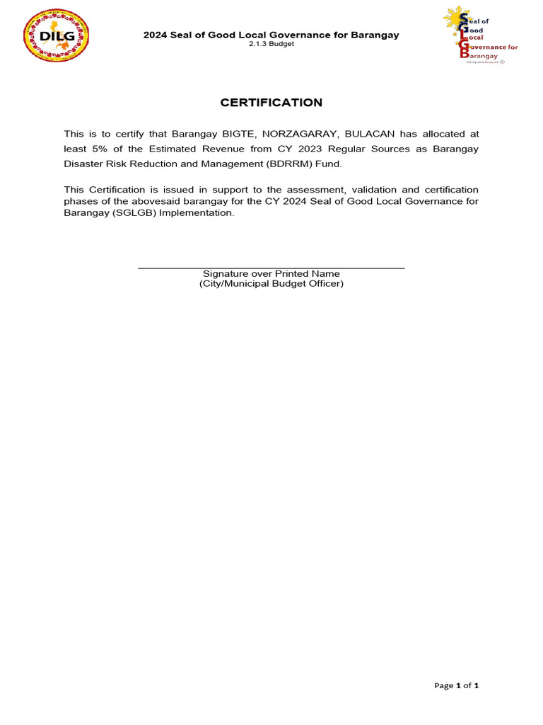 2.1.3 Certification Budget Officer BDRRM 5% | PDF