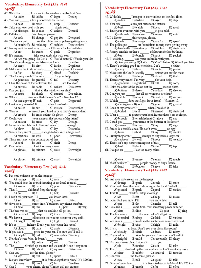 Vocabulary Elementary Test (A4) 42-61 | PDF