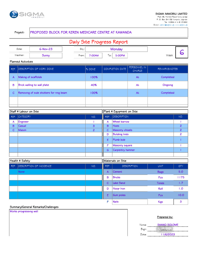 Daily Progress Status & Materials MGT Report 36 | PDF | Civil Engineering | Building Technology