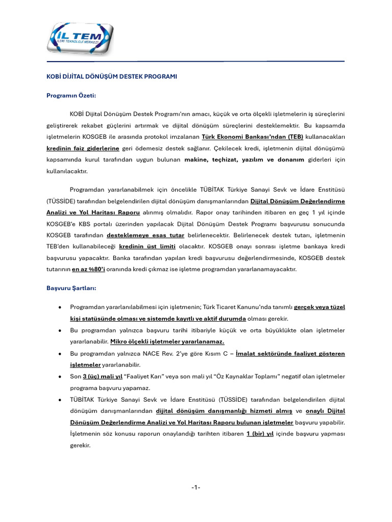 Kobi̇ Di̇ji̇tal Dönüşüm Destek Programi | PDF