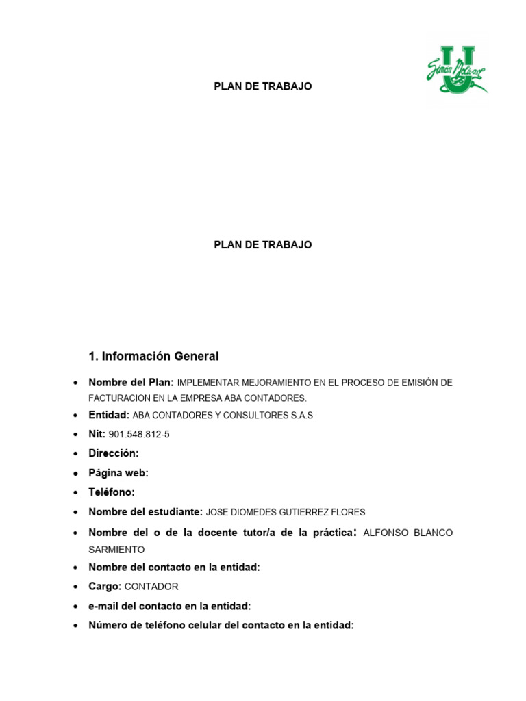 Plan De Trabajo Practicas Profesionales Descargar Gratis Pdf