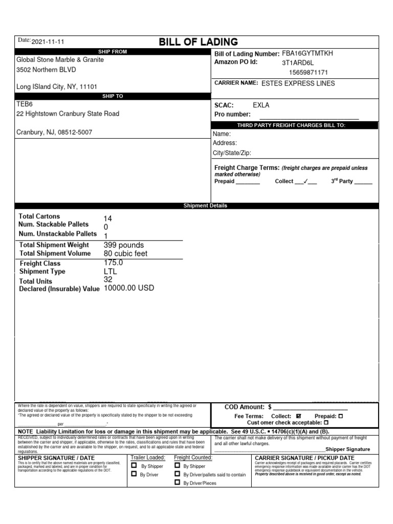 Bill of Lading: Fba16Gytmtkh 3T1ARD6L 2021-11-11 | PDF | Cargo | Supply Chain Management