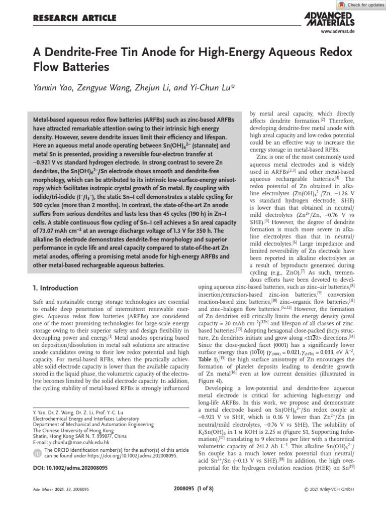 Advanced Materials - 2021 - Yao - A Dendrite‐Free Tin Anode for High‐Energy Aqueous Redox Flow ...