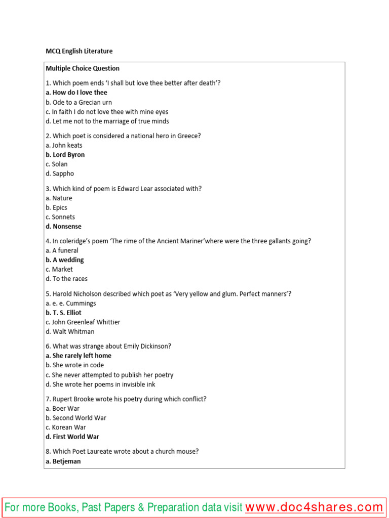 MCQ English Literature With Answers | PDF | Poetry | Macbeth