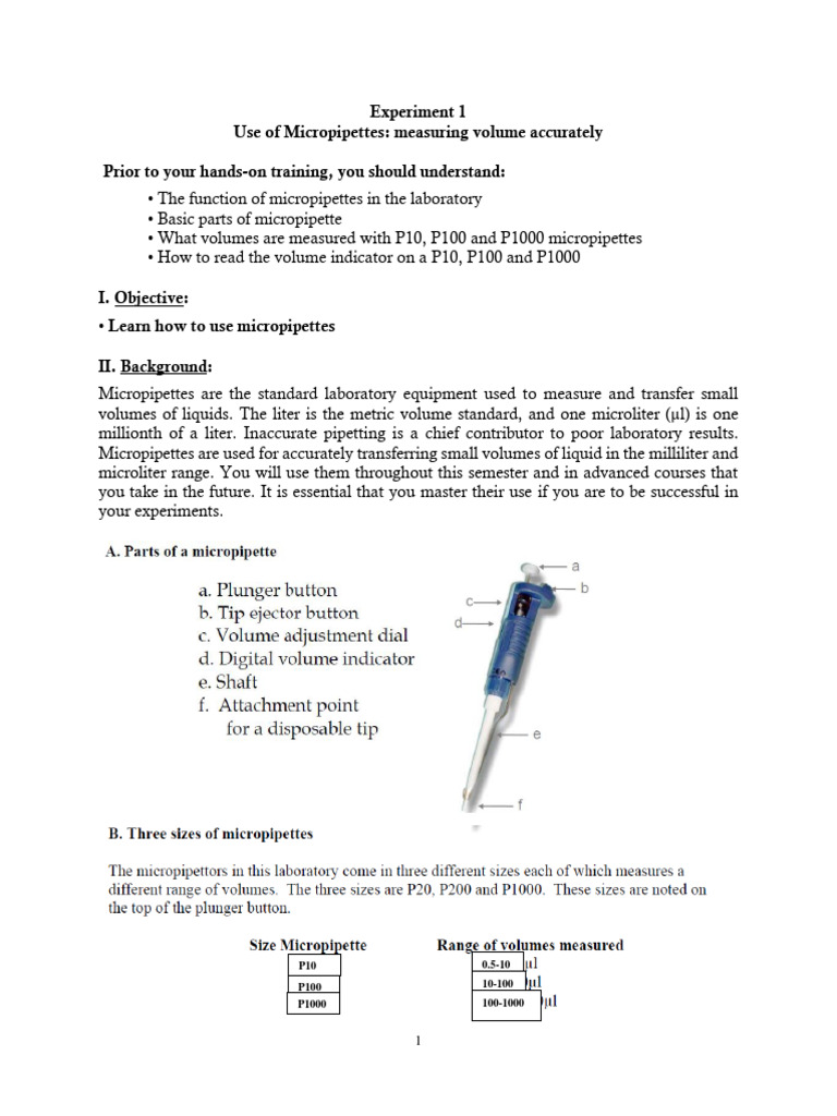 Bio201l.1 Experiment 1 Protocol | PDF | Volume