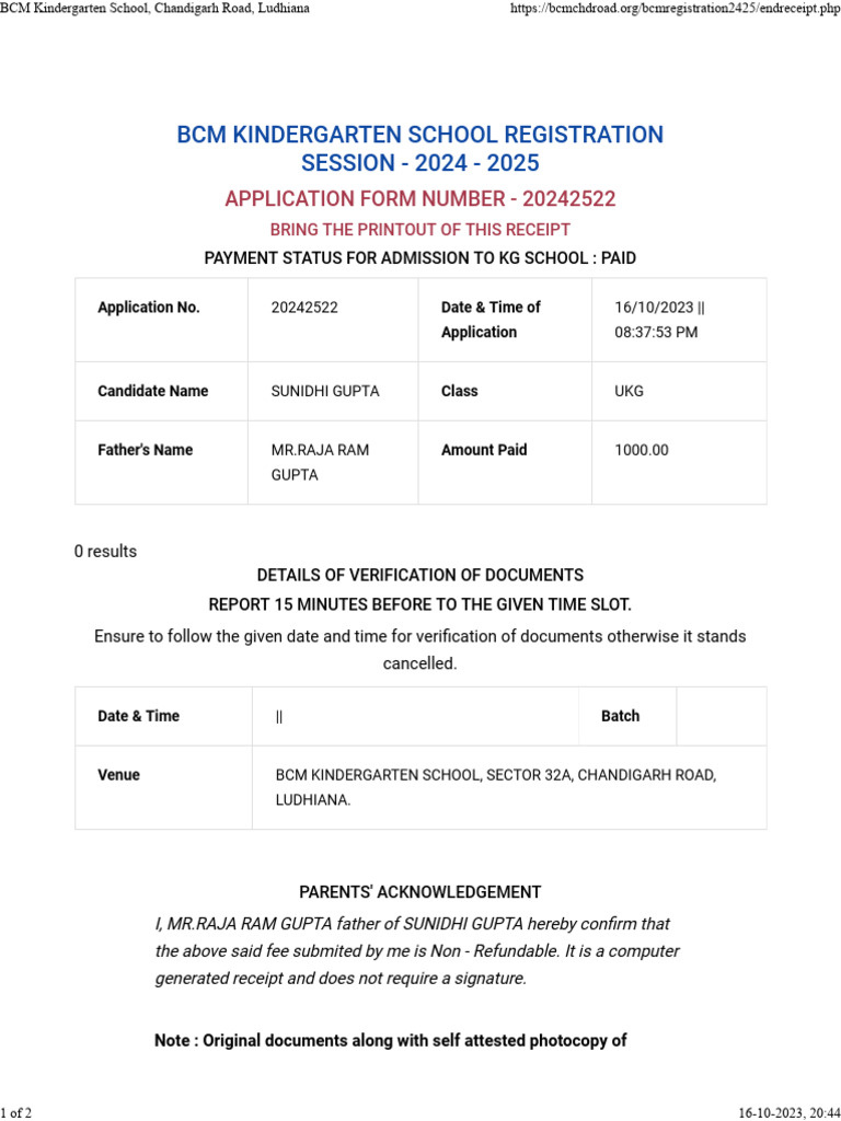 BCM Kindergarten School, SUNIDHI ADMISSION REGISTERATION FORM | PDF | Family | Social Institutions