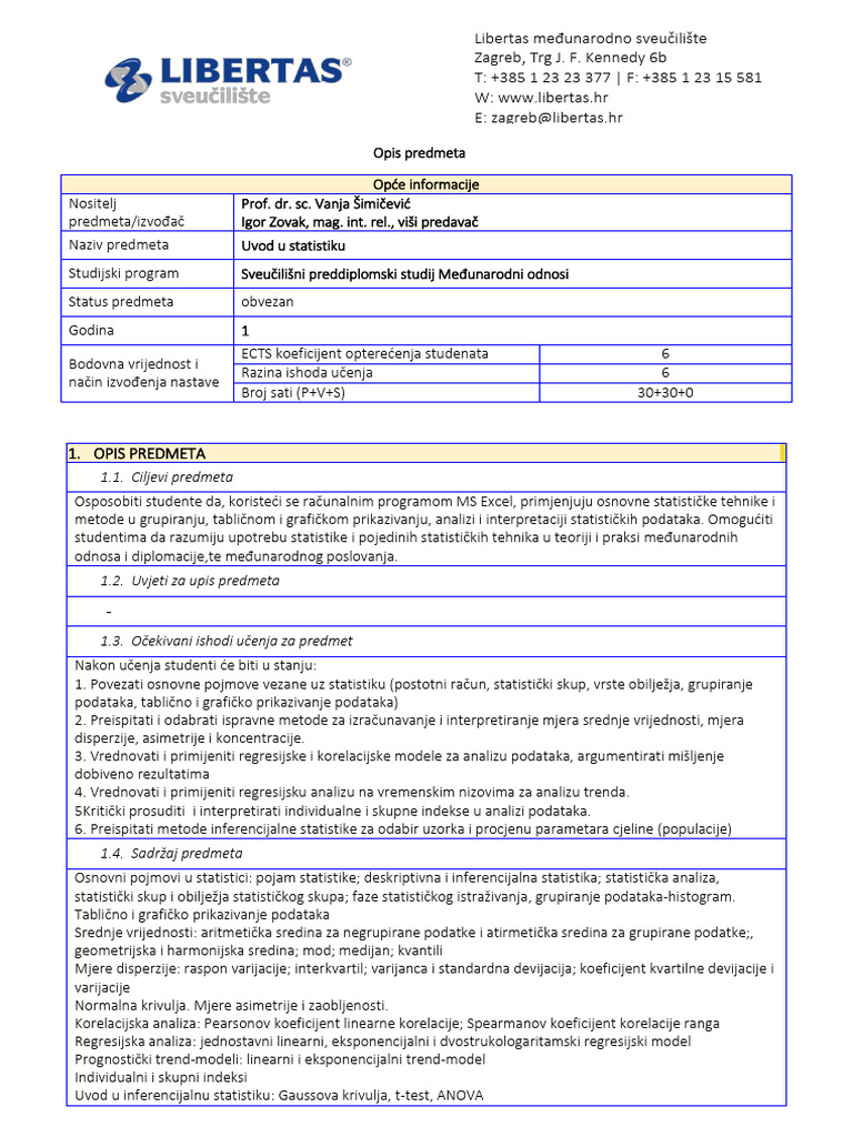 Nastavni Plan - Uvod U Statistiku | PDF