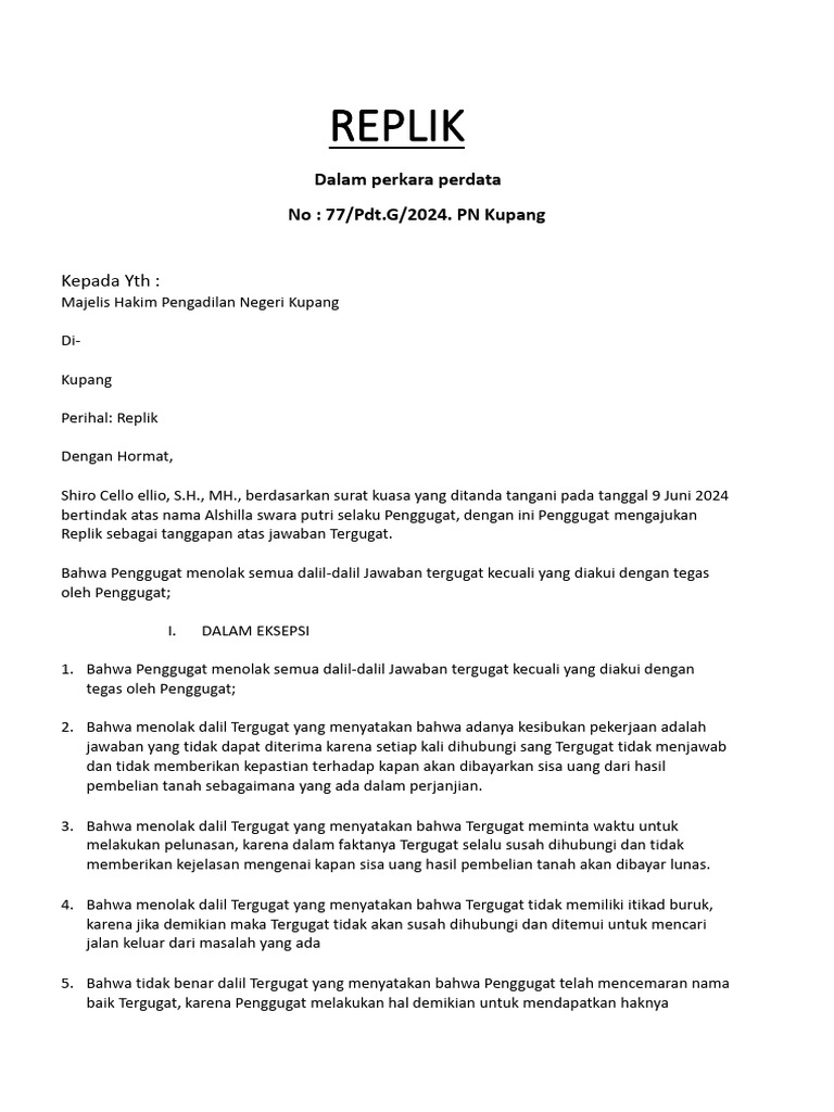 Contoh Replik Dan Duplik PDT: Fernando A.N Tauho | PDF