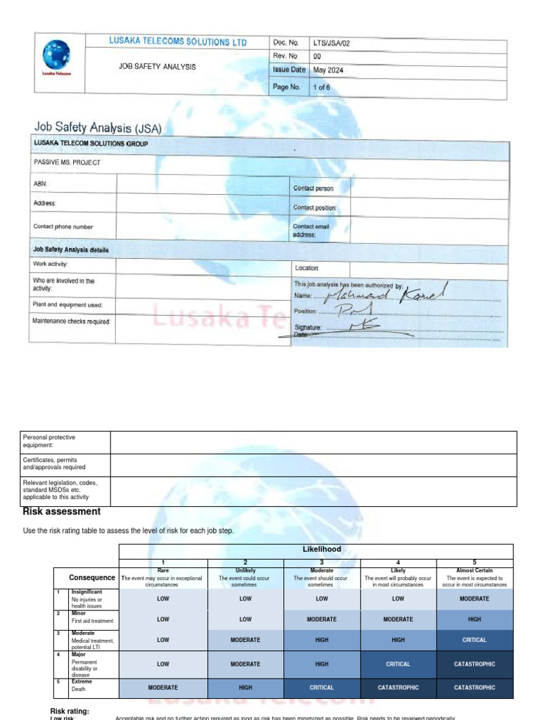 Job - Safety - Analysis - Plan LTS | PDF | Risk | Personal Protective Equipment