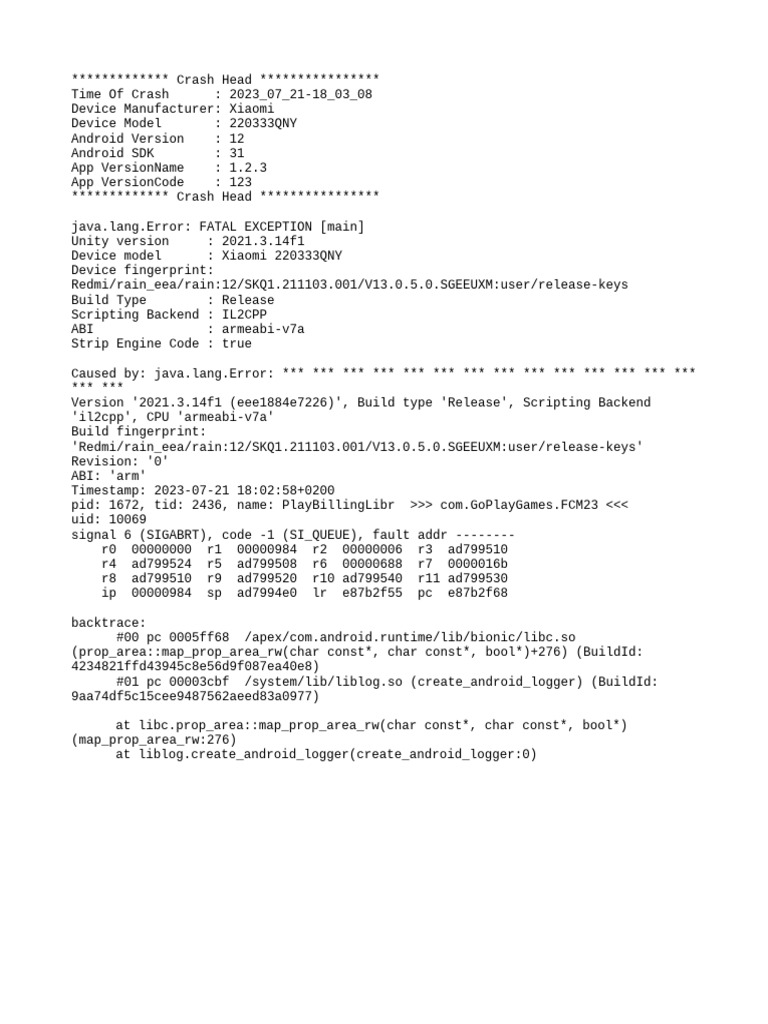 Android Crash Log Analysis | PDF | Computers | Technology & Engineering