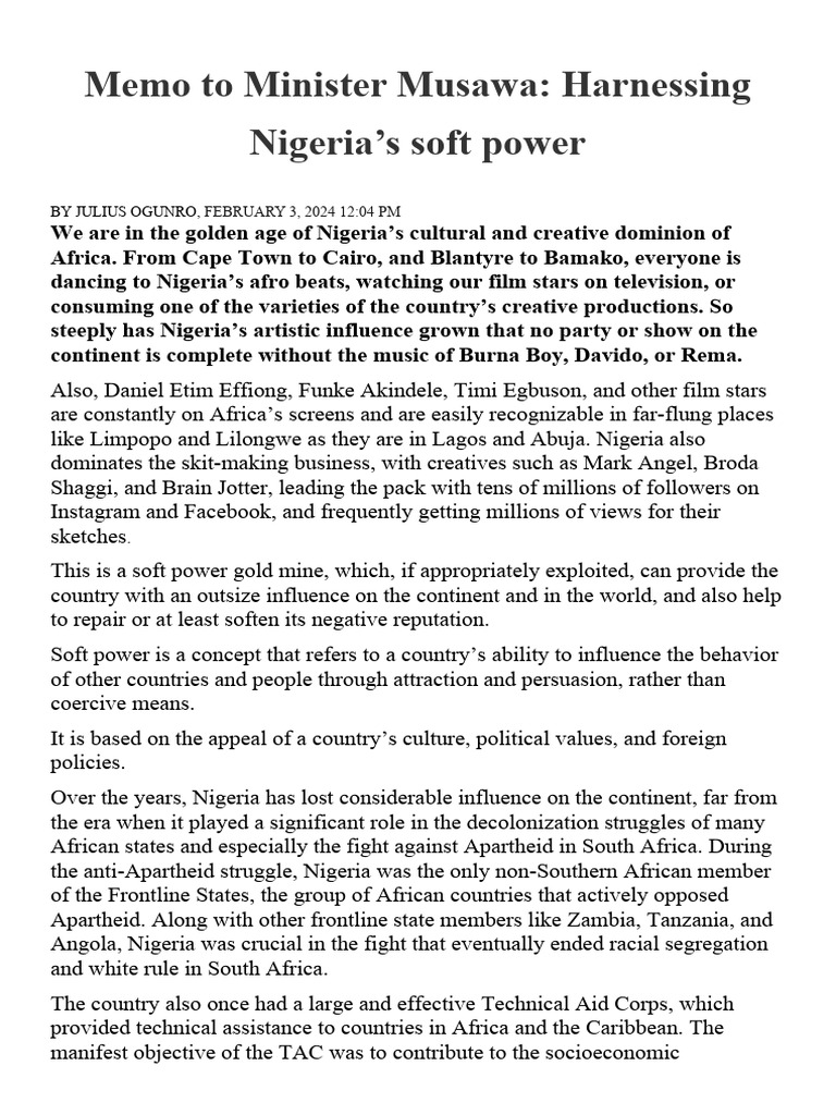 Nigeria's Soft Power: Cultural Strategy | PDF | Nigeria | Apartheid