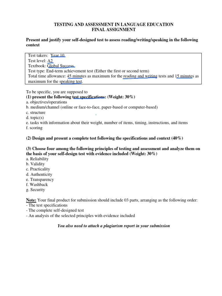 Final Assignment - Testing and Assessment - 2024 | PDF