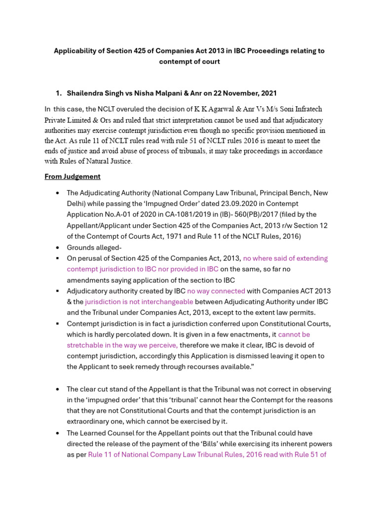 Section 425 in IBC Contempt Jurisdiction | PDF | Tribunal | Jurisdiction