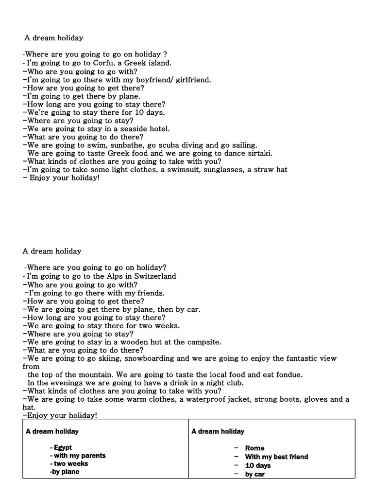 Dream Holiday Destinations and Plans | PDF