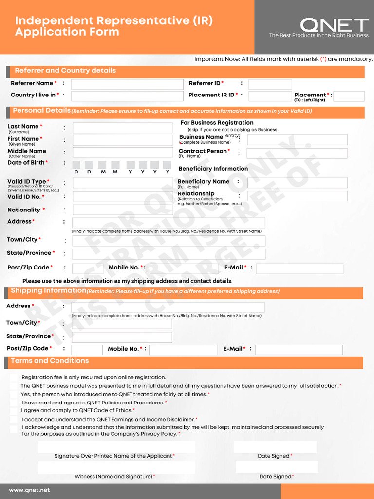 En QNET IR Application Registration Form | PDF
