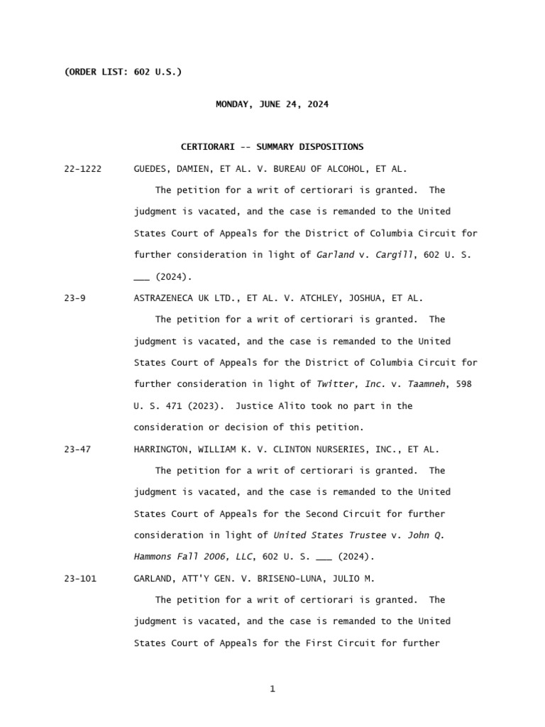 Supreme Court Certiorari Orders Summary | PDF | Certiorari | United ...