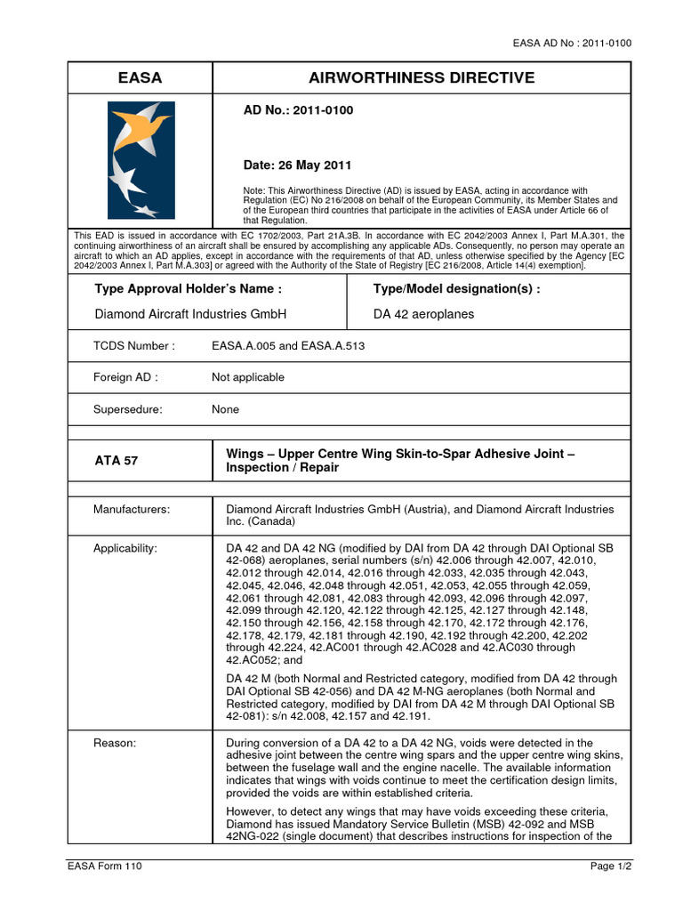 Easa Ad 2011-0100 1 | PDF | Airplane | Aviation