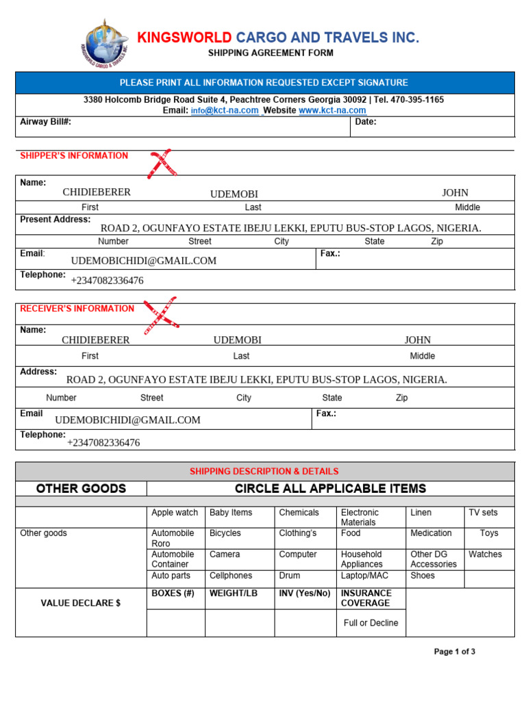 Atlanta Shipping Form Fillied | Download Free PDF | Cargo | Freight ...