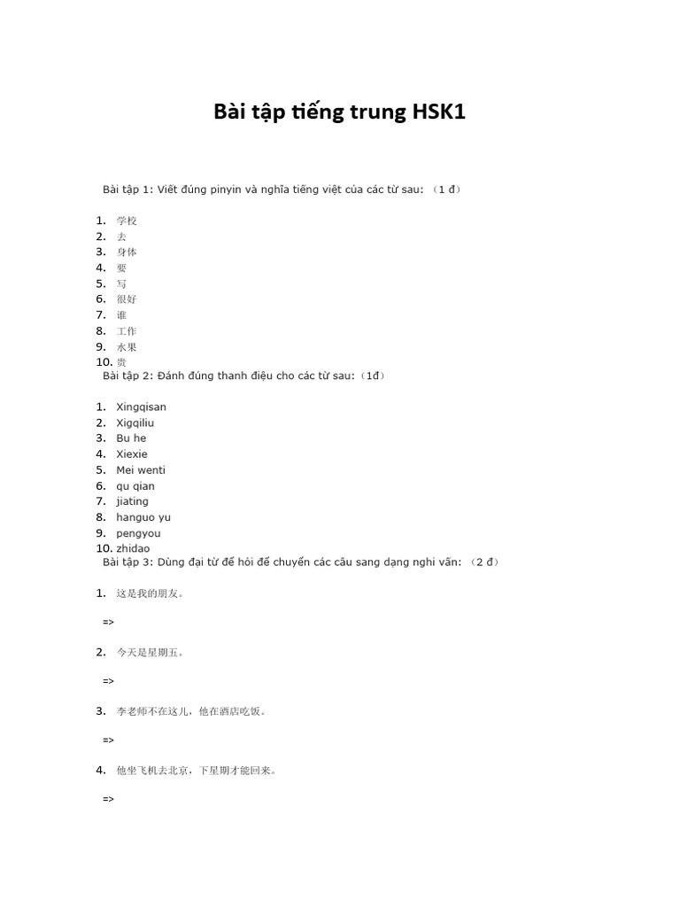 Bài tập tiếng trung HSK1 | PDF