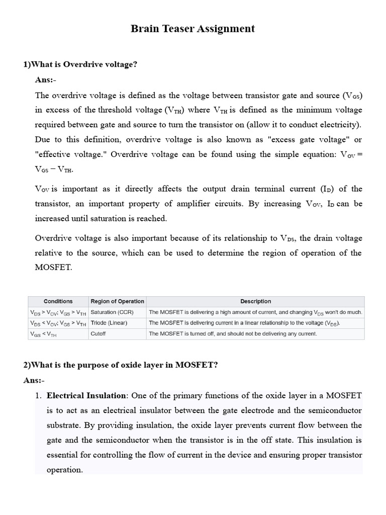 Brain Teaser Assignment | PDF | Mosfet | Field Effect Transistor