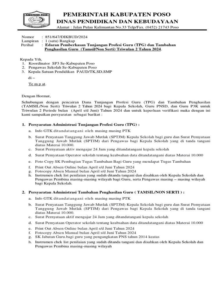 Surat Pemberitahuan Pemberkasan TPG Dan Tamsil TW.2 2024 | PDF