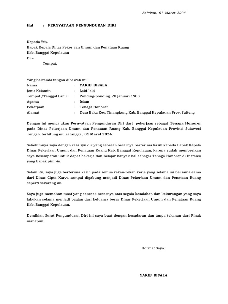 Pengunduran Diri Yarib Bisala | PDF