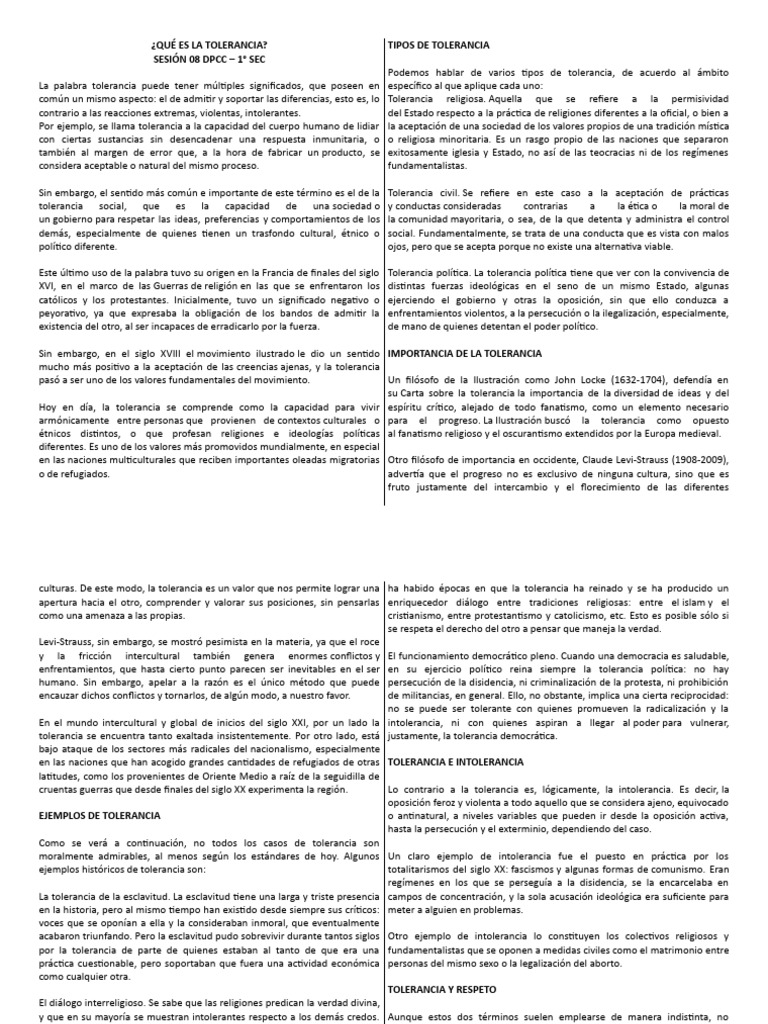 Qué Es La Tolerancia - Sesion 08 - DPCC 1° Sec | PDF | Tolerancia | Ciencias Políticas