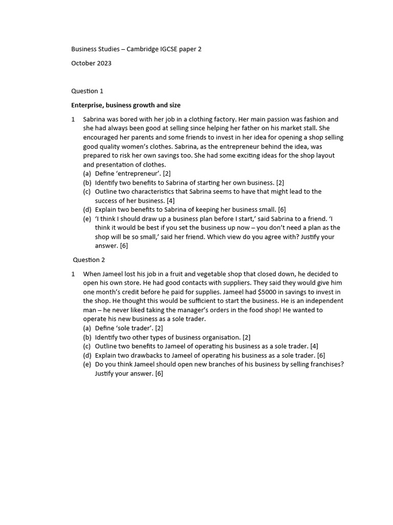 Business Studies - Cambridge IGCSE Paper 2 | PDF | Business