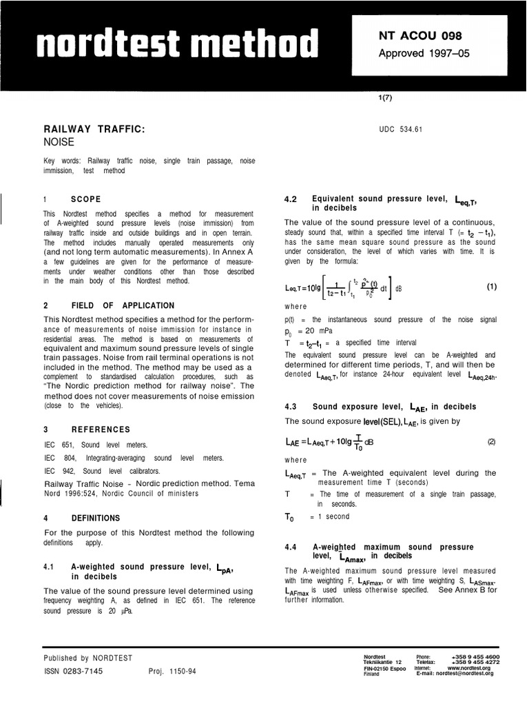 NT Acou 098 - Railway Traffic - Noise - Nordtest Method | PDF ...
