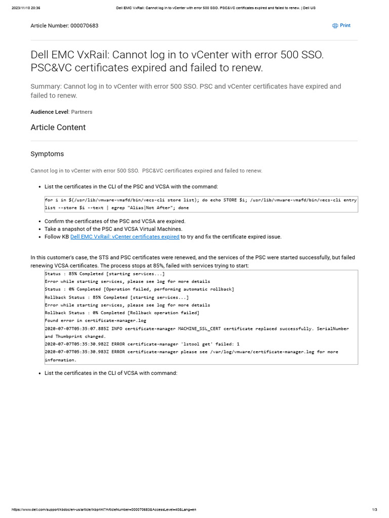 Dell EMC VxRail - Cannot Log in To Vcenter With Error 500 SSO. PSC&VC ...