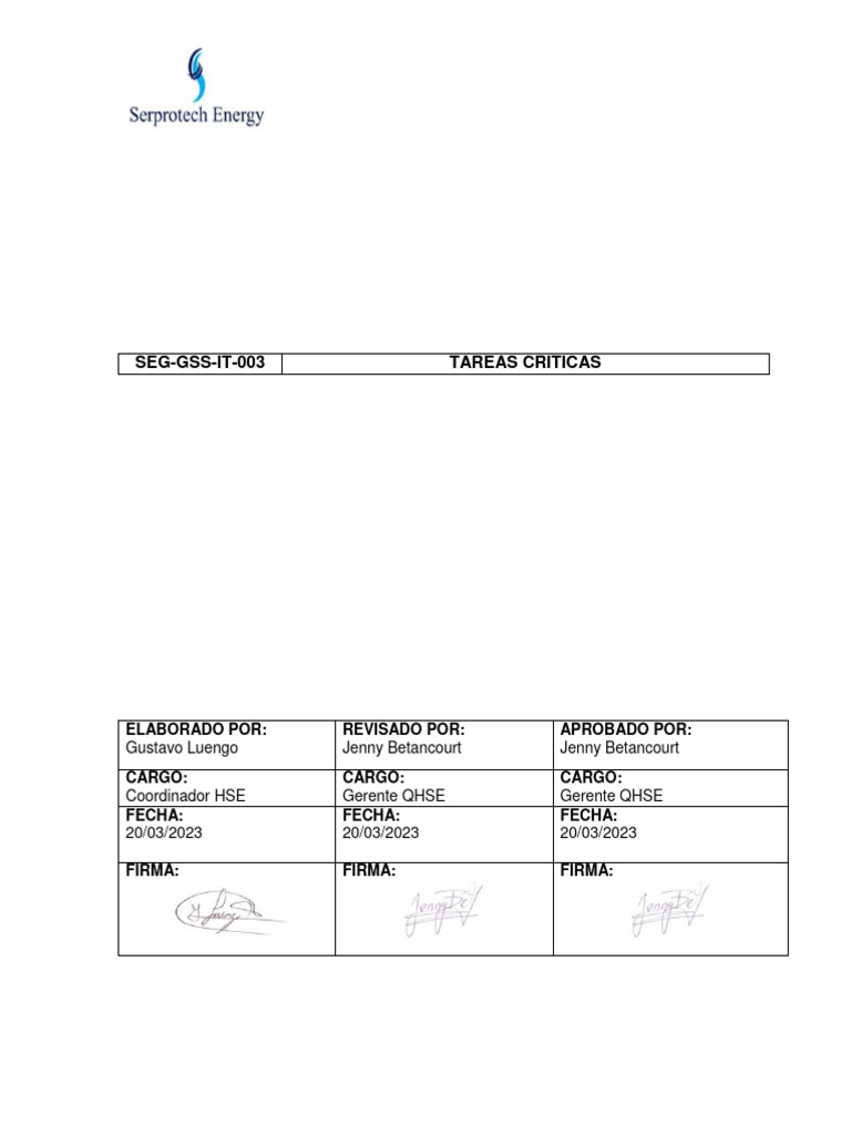 Seg-Gss-It-003 Instructivo Tareas Criticas | PDF | Planificación